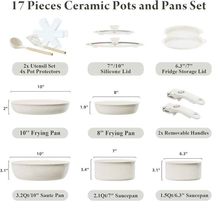 17-piece Modern White Ceramic Cookware Set with Detachable Handle