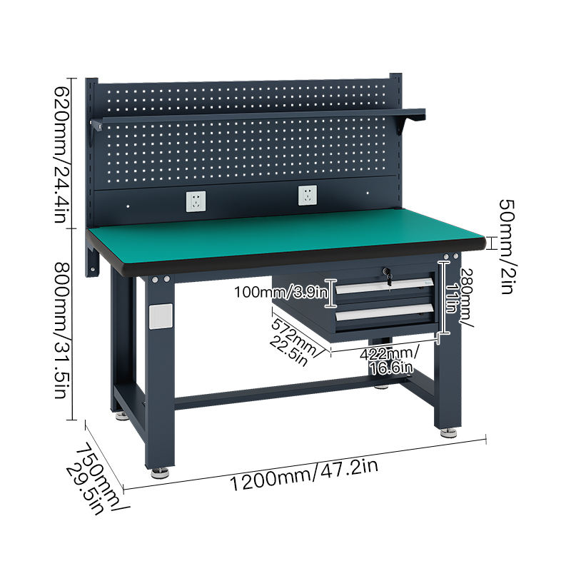 1.2 Meter Heavy Duty Metal Garage Workbench with 2 Drawers for Workshop ...