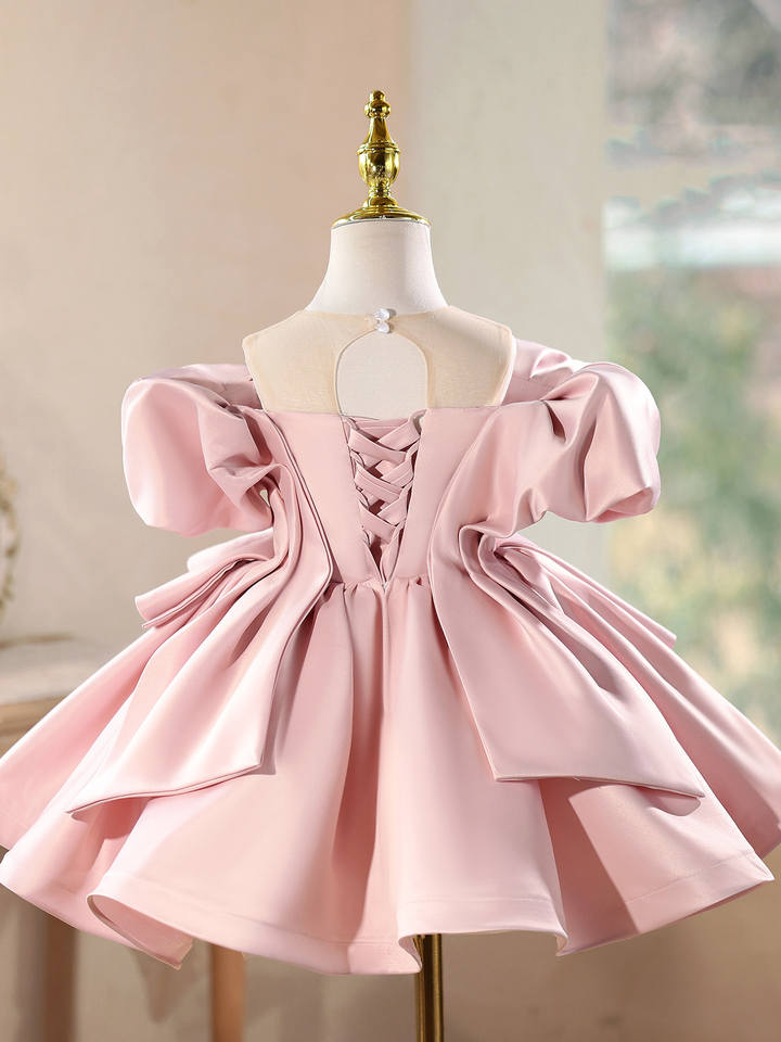 Luxury Pink Satin Girl Party Dress Off Shoulder Puff Sleeve Princess ...