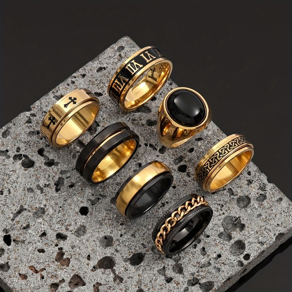 Temu Natural Stone Seven-Piece Set Rotatable Black Oil Fashion Jewelry ...