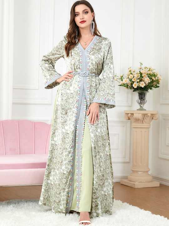 Women Muslim 2 Sets Floral Embroidery Belt Morroca Kaftan Split Hem Two ...