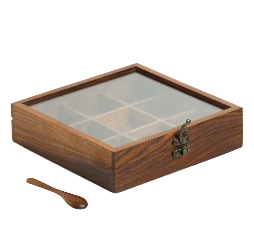 Wooden Spice Box Bamboo Tea Organizer Acrylic Glass Lid Kitchen Storage ...