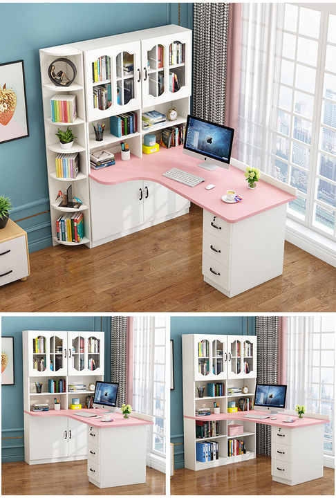 Solid Wood Corner Desk Bookcase Combination Writing Desk Bookcase ...