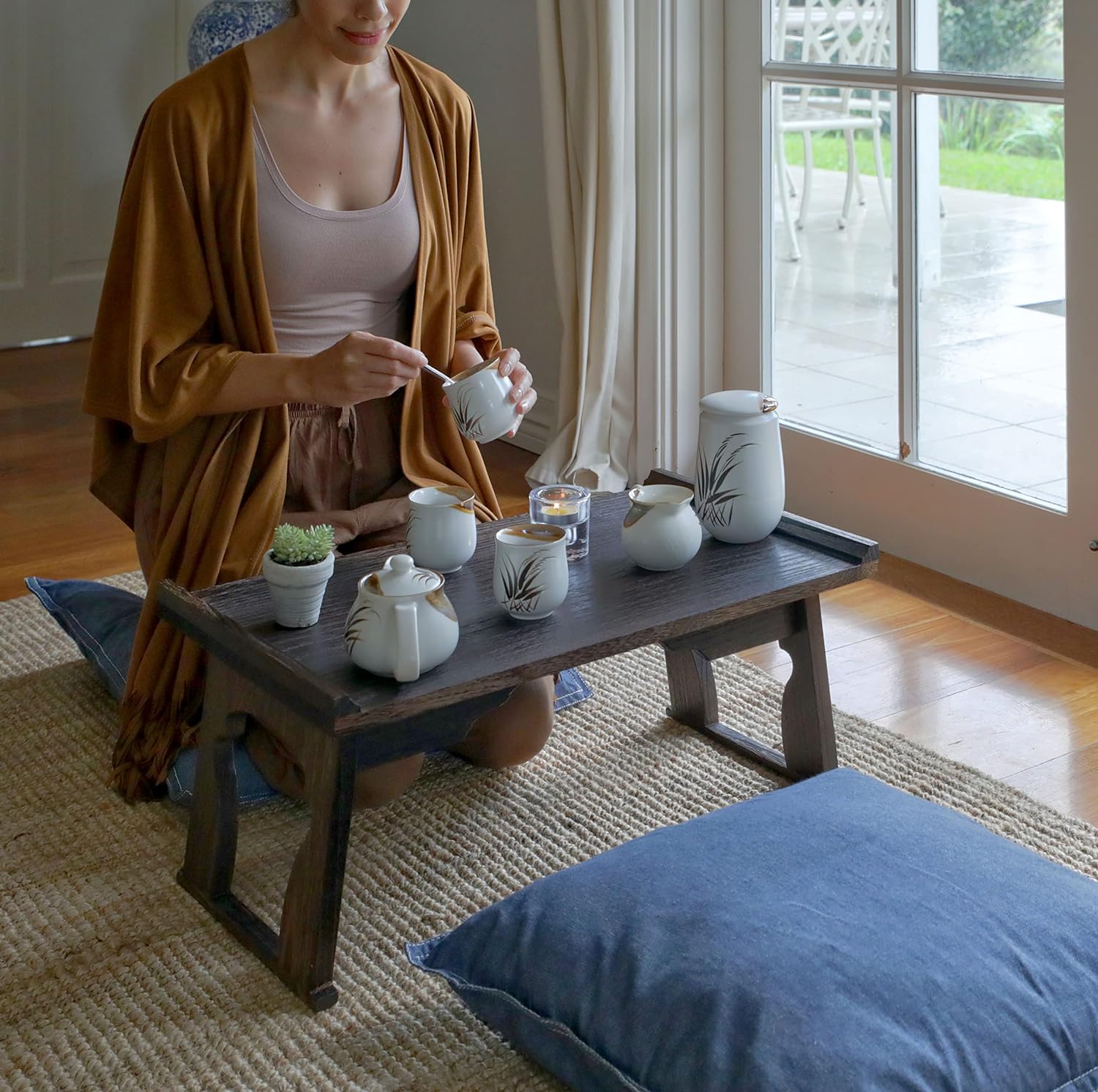 Lightweight Paulownia Wood Premium Japanese Meditation Table Folding Chabudai Tatami Puja Table Low Tea Table for Sitting Floor