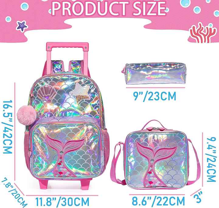 Mermaid Rolling Backpack for Girls Kids Backpack with Wheels for ...