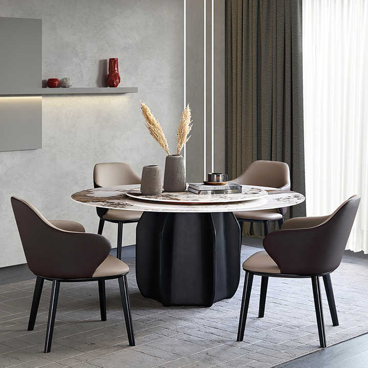Italian Round Dining Table with Leather Chairs & Marble Top