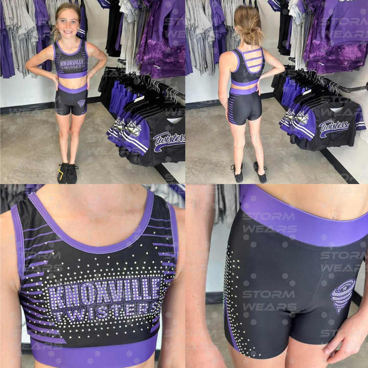 Custom Pink Glitter Rhinestone Cheerleading Bra and Shorts
