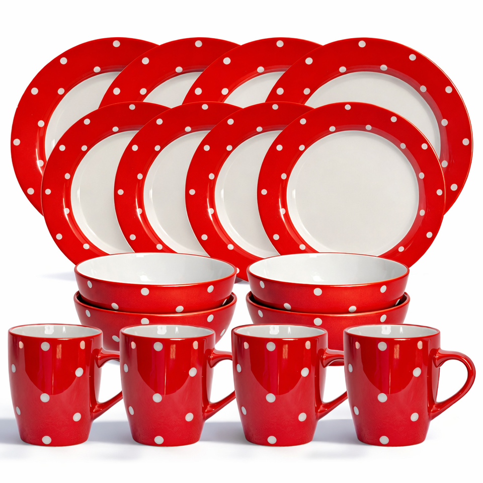 Guangda 16-Piece Red Polka Dot Stoneware Dinnerware Set | Plates Bowls ...
