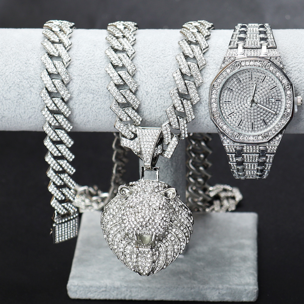 Cuban Link Chain Men Watches Bracelet Set - Stylish Silver Watch Gift ...