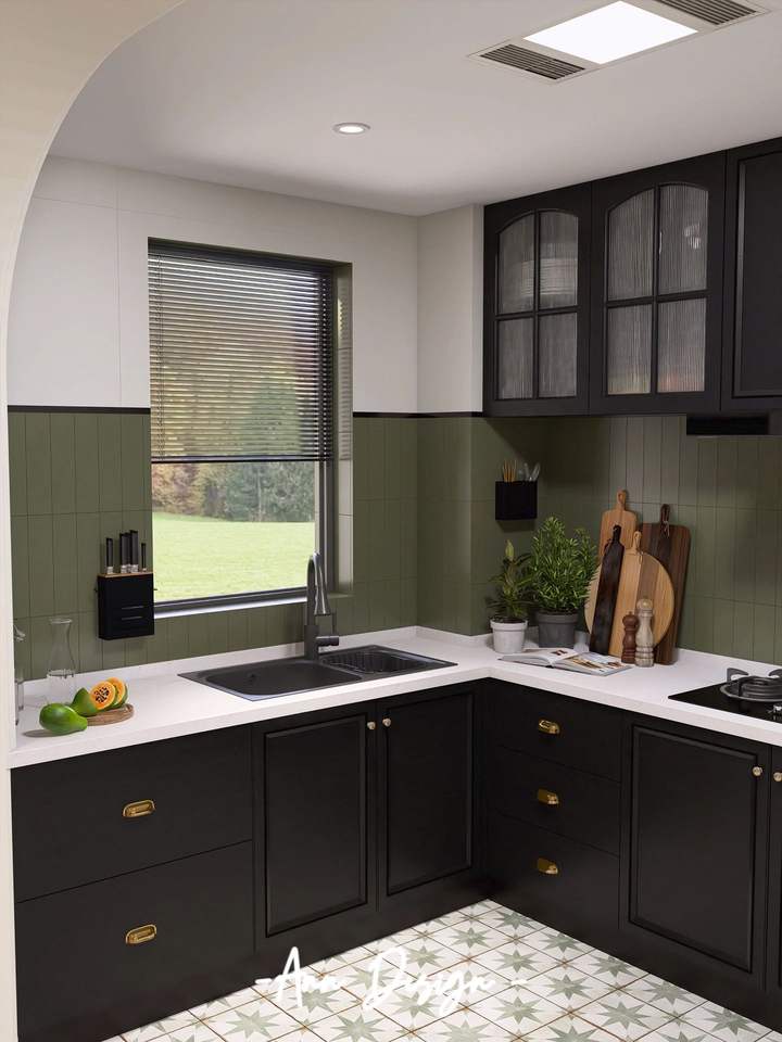 Black Arch Glass Door Kitchen Cabinets With Olive Green Base Units Gold ...