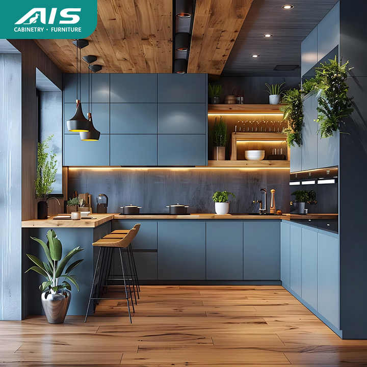 AIS 2025 Custom Dark Blue Modural High Gloss Lacquer Design Kitchen ...