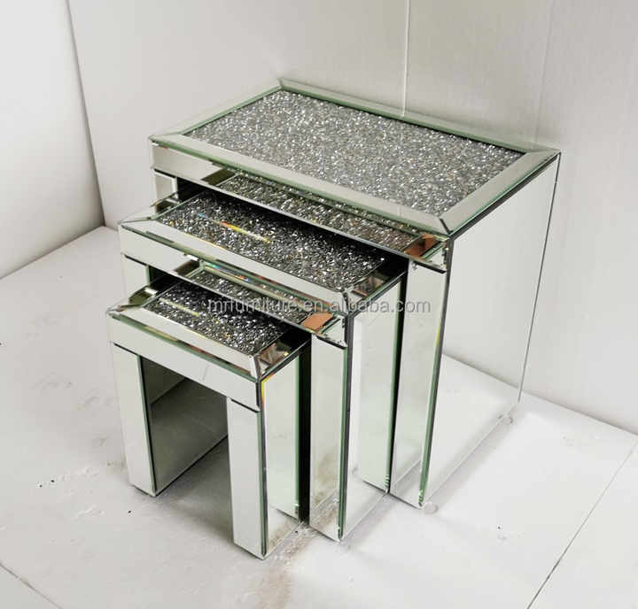 Crushed Diamond Crystal Coffee Table Set of 3 Mirrored Nesting Side Table Sets Smart Coffee Tables for Home Decor