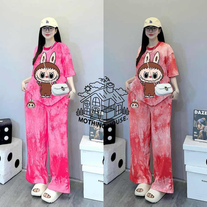 Labubu Tie-Dye Set Of Women O-Neck Cartoon Printing Short-Sleeved Wide ...