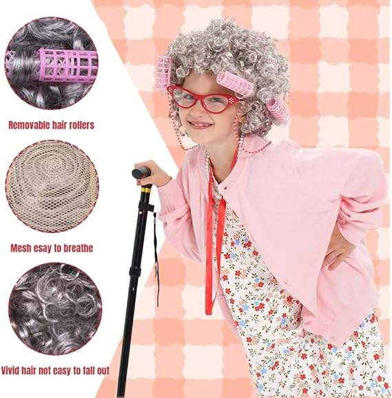 Halloween Old Lady Costume Set Gray Granny Wig Hair Rollers Wig Caps ...