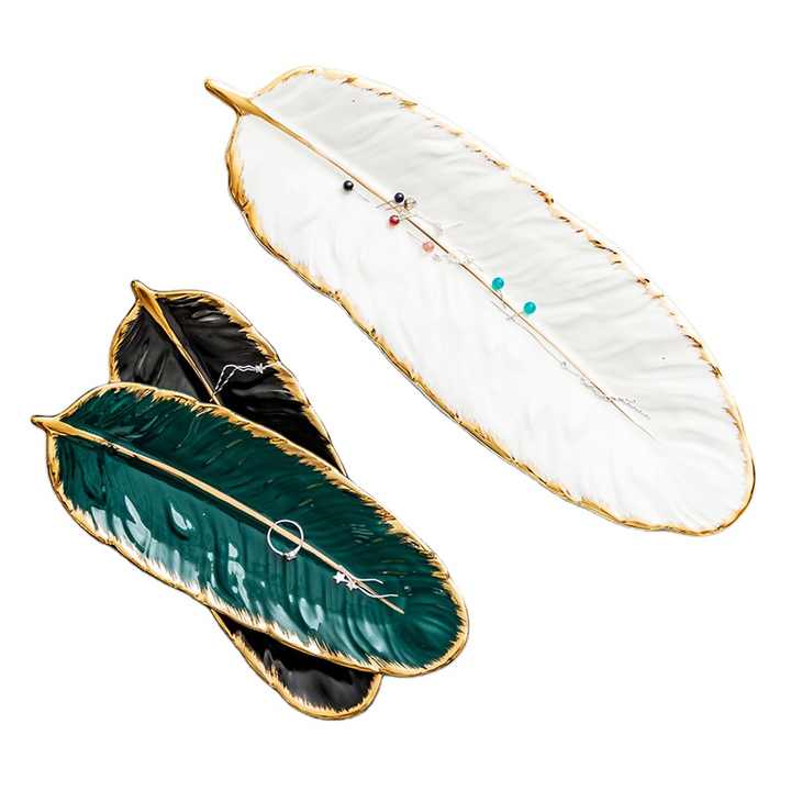 Nordic Style Gold Border Feather Jewelry Storage Plate Ceramic Craft ...