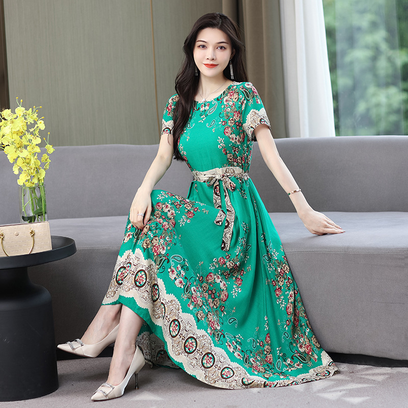 New Women Floral Print Maxi Dress O-neck Belted Plus Size Vestidos ...