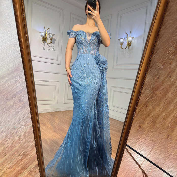 Blue Off Shoulder Mermaid Evening Dresses With Side Skirt Serene Hill LA72042 Elegant Party ...