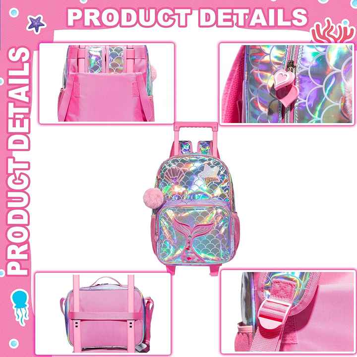 Mermaid Rolling Backpack for Girls Kids Backpack with Wheels for ...