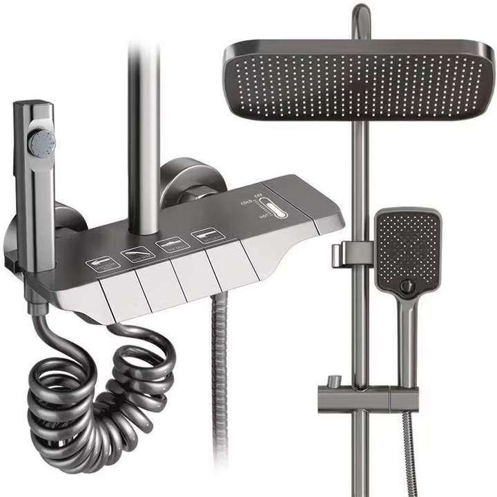 All-copper Shower Head Set, Gun-gray Piano with Four Buttons, Bathroom ...