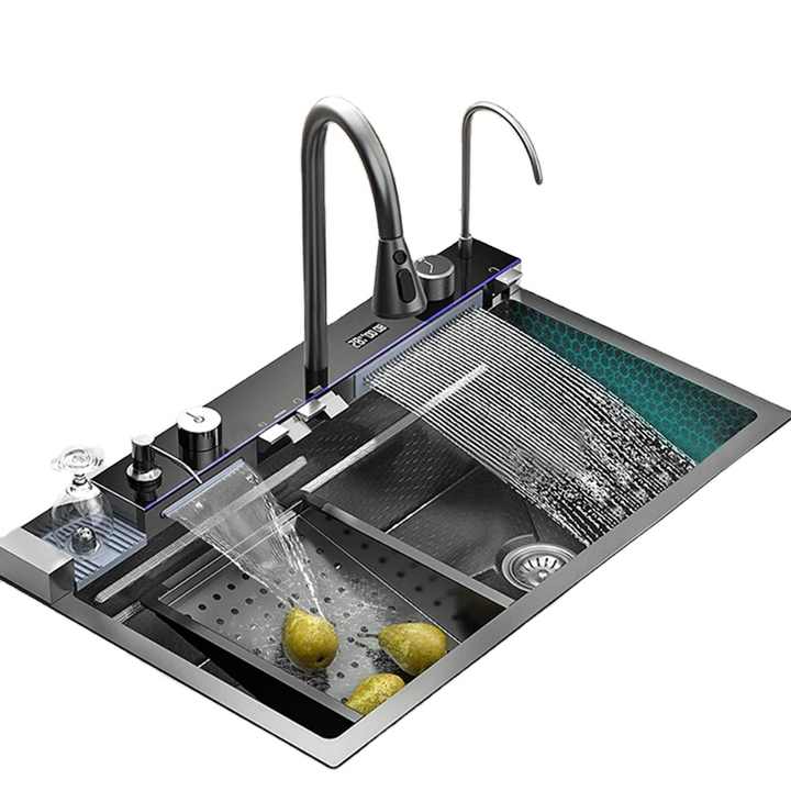 LED Digital Display Waterfall Kitchen Sink - 304 Stainless Steel
