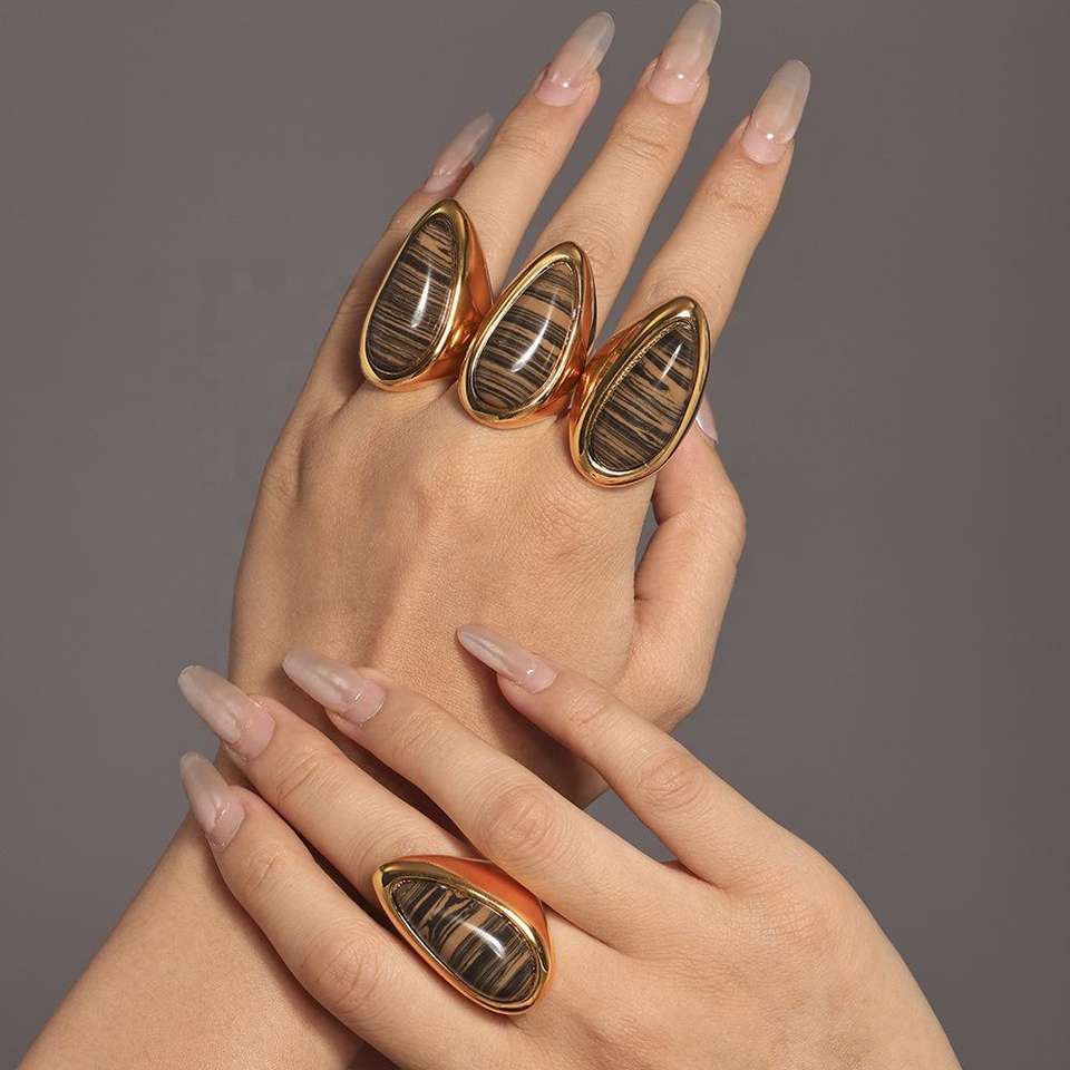 ERESI Vintage Natural Wood Grain Stone Water Drop Shaped Ring ...
