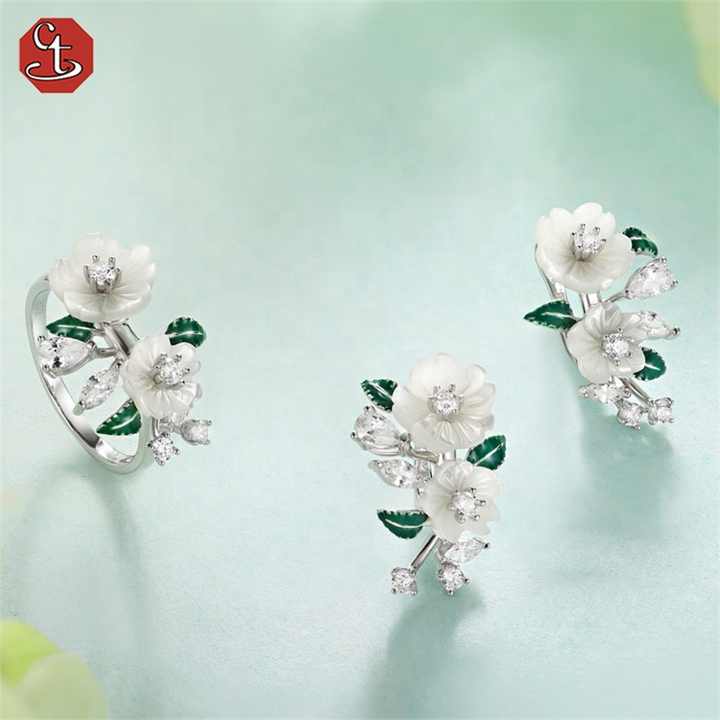 Women's 925 Sterling Silver for Original Ring Natural Shell Green Leaf Enamel Classic Party ...