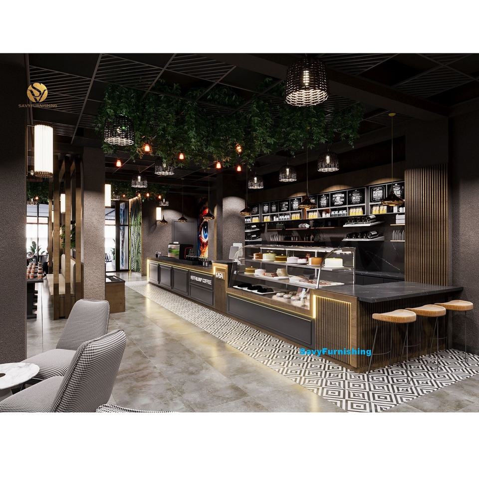 Modern Cafe Shop Counter Design - Solid Wood Customizable