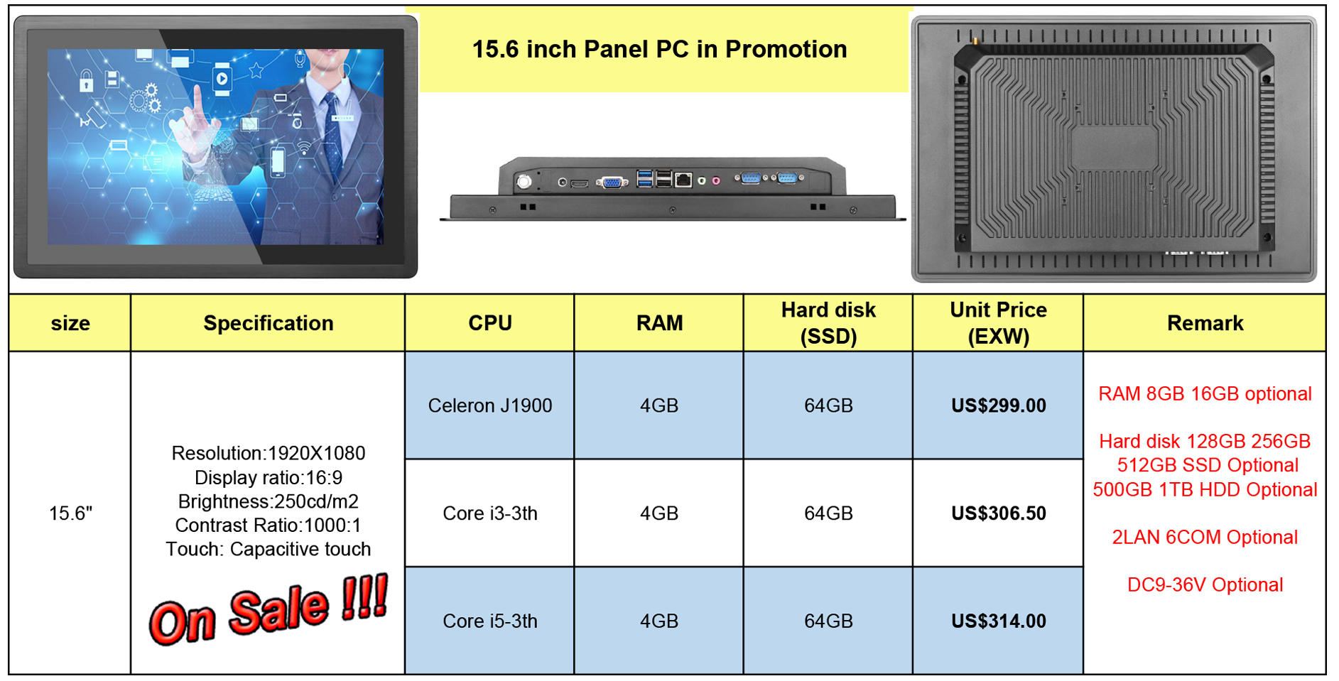 15.6 inch Embedded Custom Industrial All-in-One Tablet PC Full HD ...
