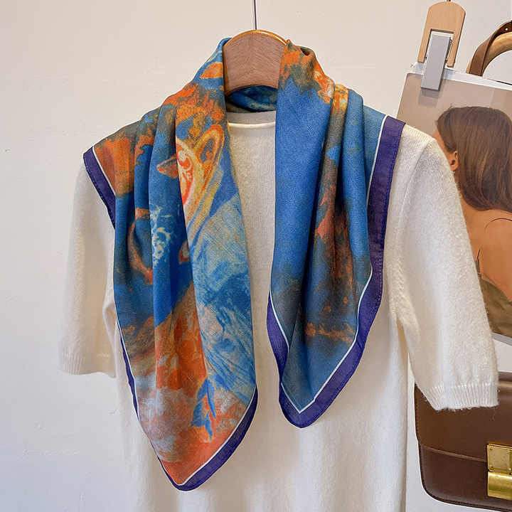 Retro Art Style Oil Painting Small Square Wool Velvet Scarf Ladies ...