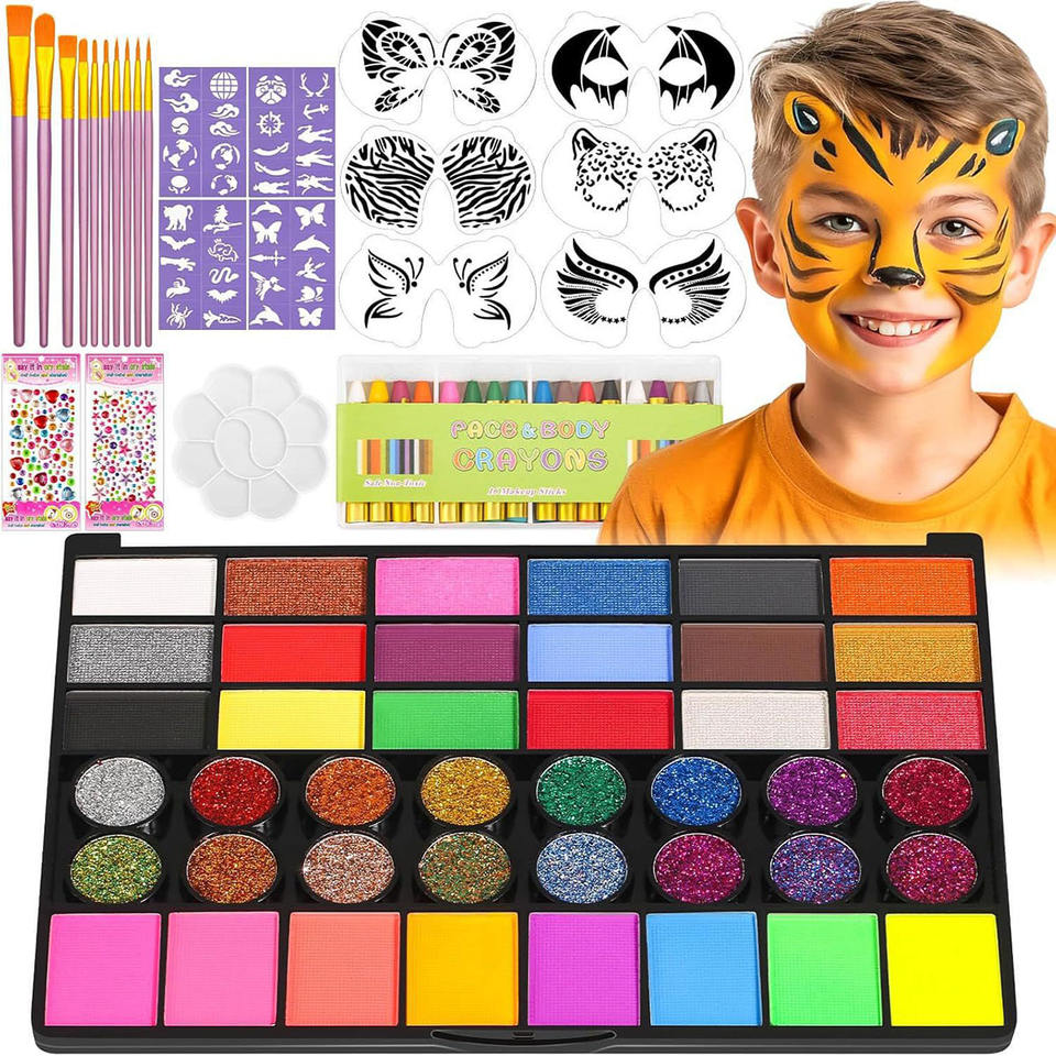 Complete Face and Body Paint Kit With Reusable Stencils Brushes and Gem ...