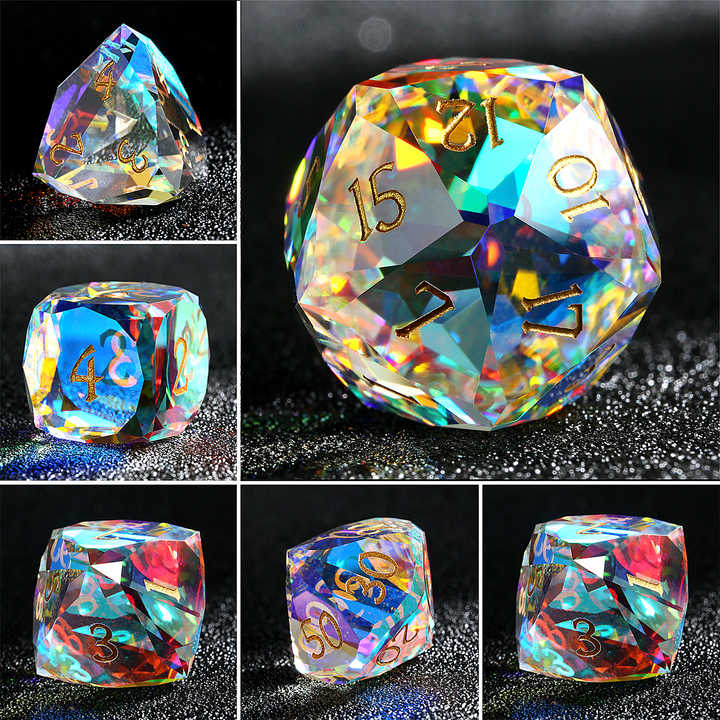 wholesale 7pc Multifaceted Prism Glass D&D Dice Set Rainbow Glass DND ...