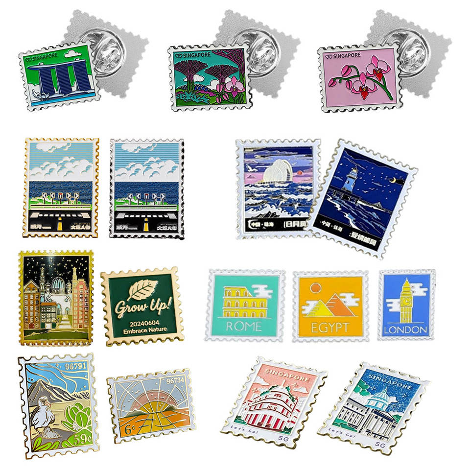 Custom Postage Lapel Pins Enamel Stamp-Shaped Badges with City Landmark ...