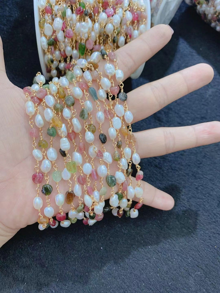 Mixed Color Natural Tourmaline Gemstone Bead and Freshwater Pearl Chain ...