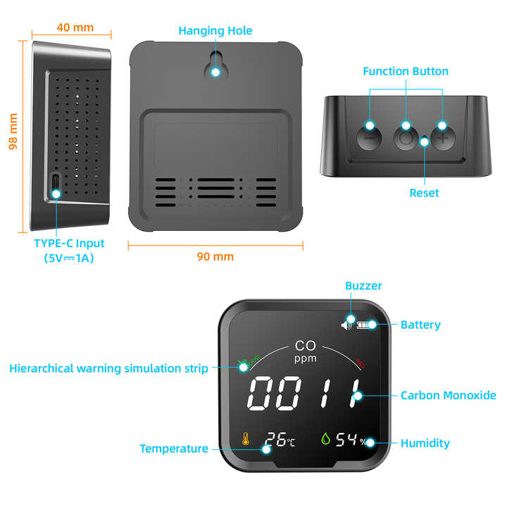 CARBON MONOXIDE Monitor with Temperature & Humidity CO Meter ...