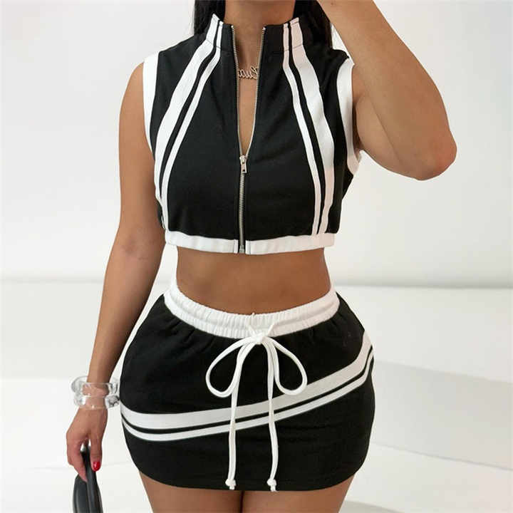 Casual Women Tracksuit 2 Piece Set Summer Patchwork Zip Tank Tops ...