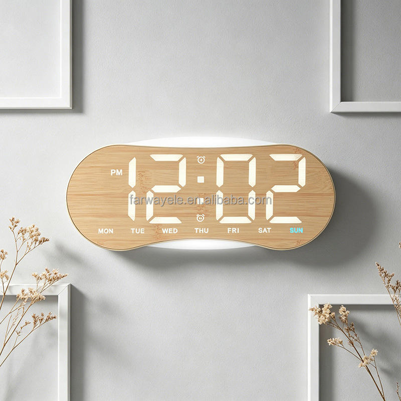 Large Screen LED Wall Clock Simple Wood Grain Clock Atmosphere Lamp ...