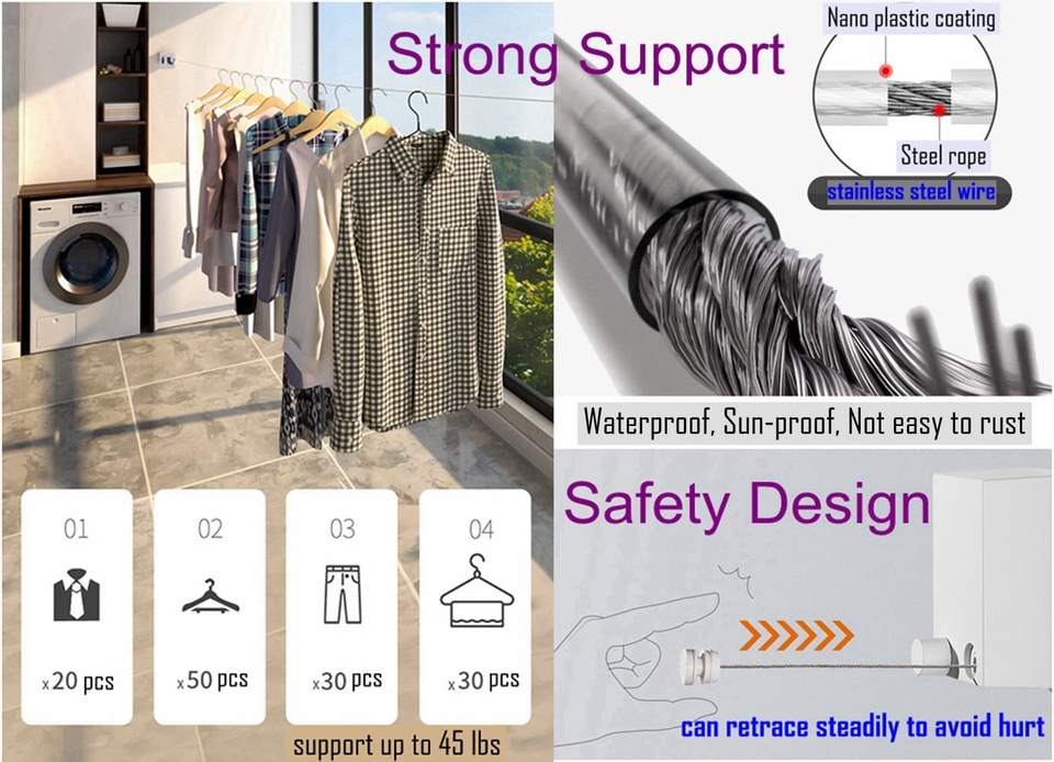 Retractable Clothesline for Indoor/Outdoor Use – Adjustable Drying Rope ...
