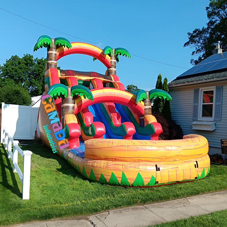 Heavy Duty Marble Yellow Palm Tree Water Slide PVC Dual-Lane Inflatable ...