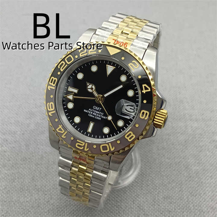 BLIGER 40mm Two-Tone Silver Gold Rotational Case GMT Watch