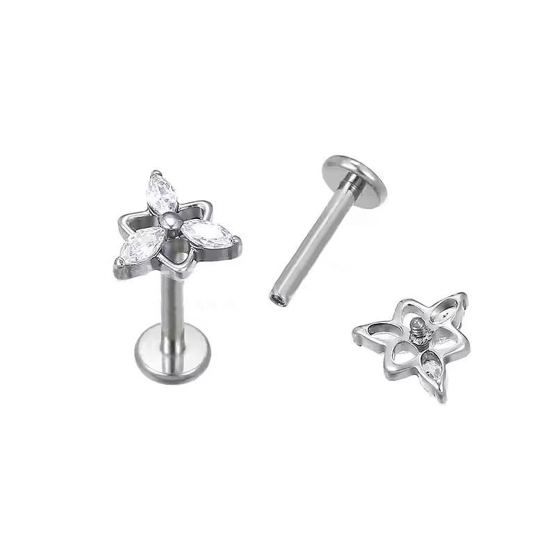 F136 Titanium Ear Bone Stud Triangle Flower Cross Inlaid Zircon Cross ...