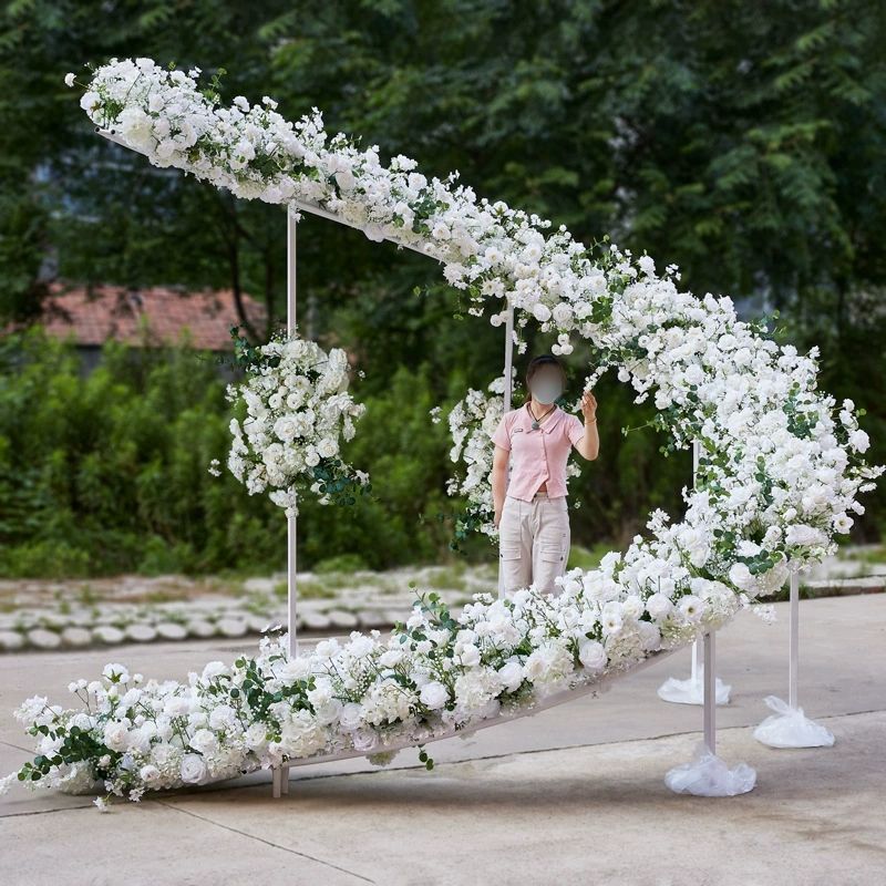 YOPIN-2807 Spiral Arch Floral Background White Silk Rose Flower Runner ...