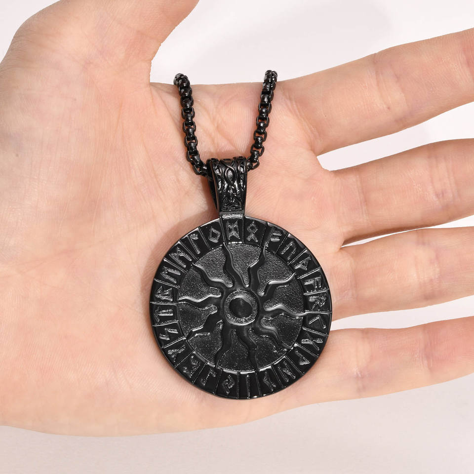Men's Viking Runes Sun Wheel Pendant-Gold Plated Black Stainless Steel ...