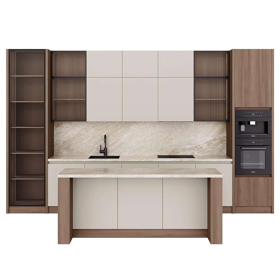 KEJIA Two-tone Wood Beige Kitchen Cabinet with Fluted Glass Door ...
