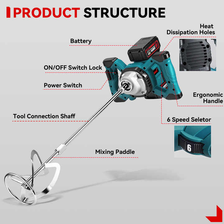 21V Battery Cordless Concrete Mud Mixer Portable Brushless Cement Mixer ...