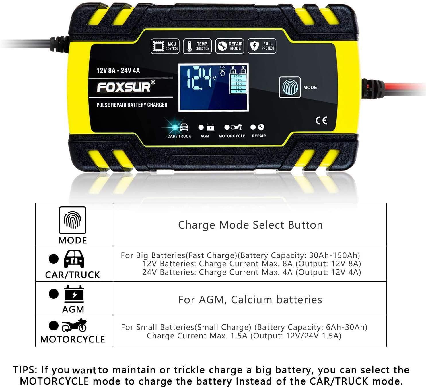 FOXSUR Car Battery Charger, 12V/24V 8A 4A Smart Automatic Battery Charger Products from Haosen ...