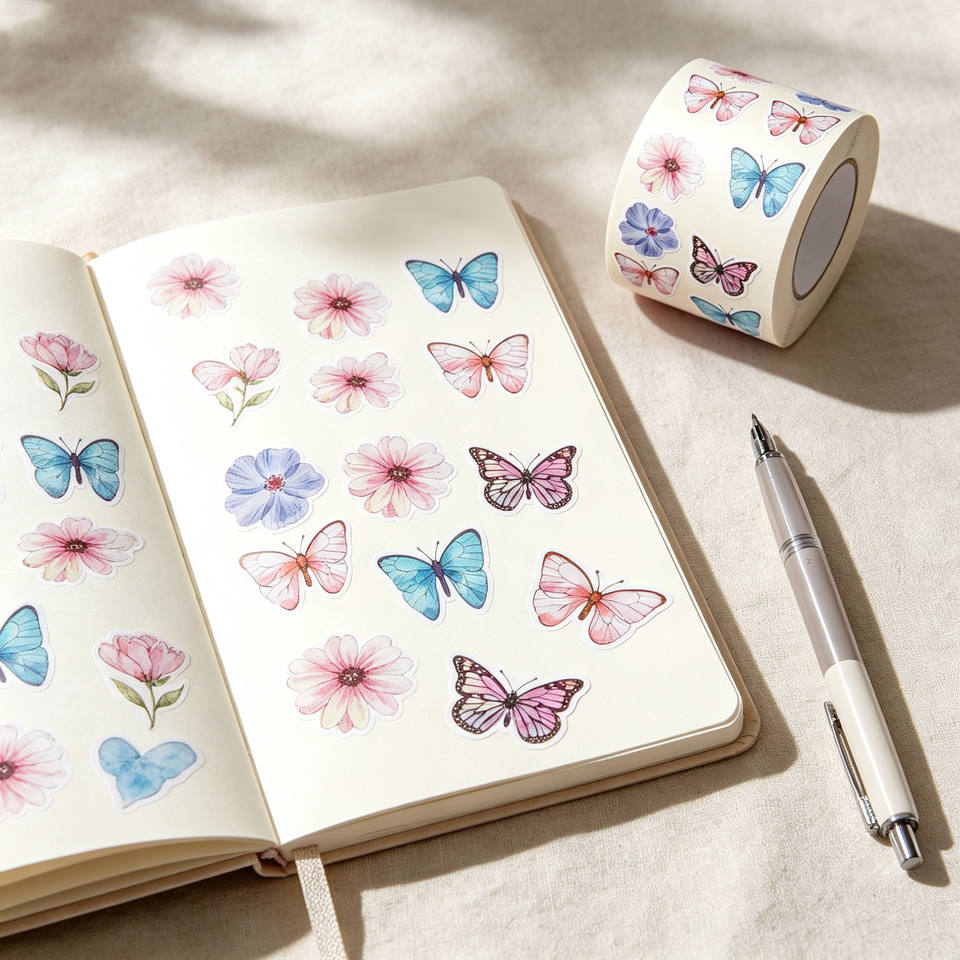 Watercolor Flower & Butterfly Waterproof Customizable Adhesive Stickers ...