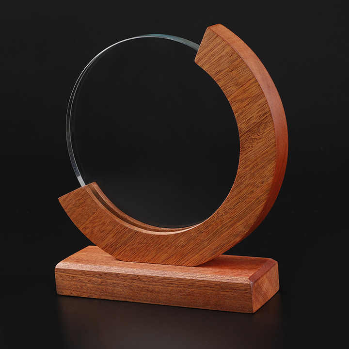 Custom Logo Round Wooden Base Crystal Trophy Award