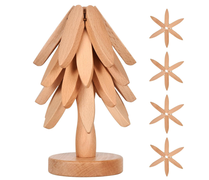 100% Natural Wood Trivet Tree Set Expandable Design Coasters & Foldable ...