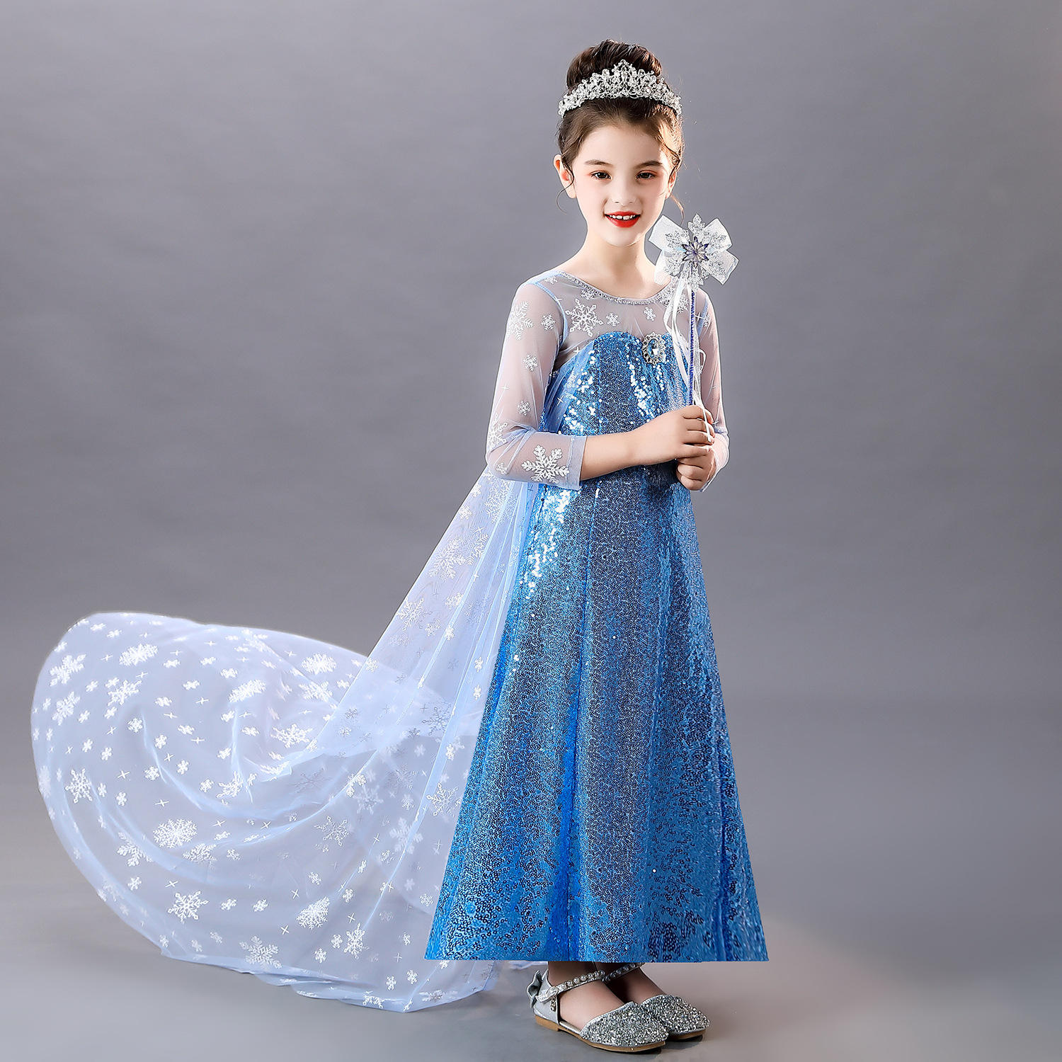 New Kids Elsa Princess Dress Costumes Blue Sequin Shiny Princess Dress ...