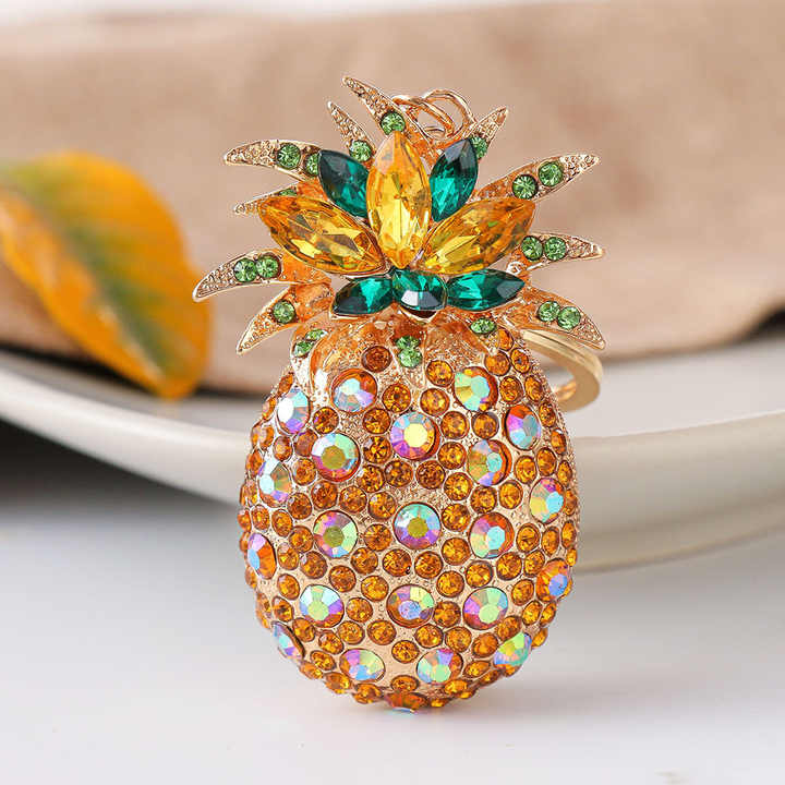 Yellow Pineapple Rhinestone Bling Crystal metal key chains Charm Pendant Lovely Handbag Decoration Car Key Ring for Womens Girls